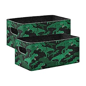 Emelivor Green Dinosaur Storage Basket Bins Set (2pcs) Felt Collapsible Storage Bins with Handles Foldable Shelf Drawers Organizers Bins for Nursery Toys,Kids Room,Clothes,Towels,Magazine