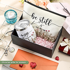 3 Pcs Christian Gifts for Women Be Still and Know Religious Gifts 12 oz Stainless Steel Tumbler Inspirational Scripture Keychain Bible Verse Cosmetic Bag for Mom Church Favors Mother's Day Gifts