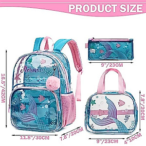 Meetbelify Mermaid Backpack for Girls Backpack with Lunch Box Set for Elementary Kindergarten Student Kids Clear School Bag for Girls