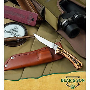 Bear & Son Cutlery 6 1/2” Bird and Trout Knife, 3” 440 High Carbon Stainless Steel Blade, Stag Delrin Handle, Leather Sheath (751)