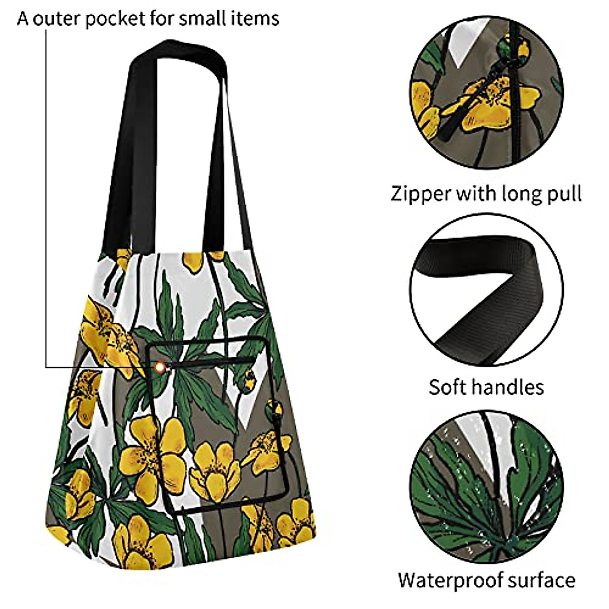 Sinestour Buttercup Anemone Flowers Reusable Grocery Bags Foldable Heavy Duty Shopping Tote Bag for Women with Pouch Eco Friendly Washable for Supermarket Gift