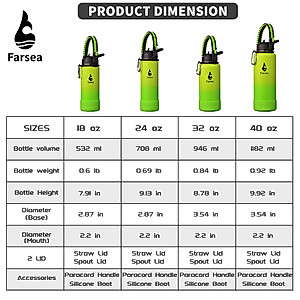 Farsea Insulated Water Bottle With Paracord Handle, Protective Silicone Boot and 2 Lids (Straw Lid & Spout Lid), Stainless Steel Water Bottle Wide Mouth, Double Wall Sweat-Proof BPA-Free, 24 oz