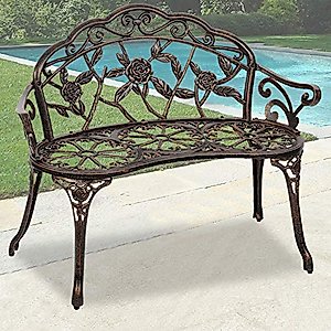 Dkeli Garden Bench Outdoor Bench Park Benches for Outdoors Metal Aluminum Porch Chair Seat Furniture Perfect for Patio Park Yard Deck Entryway, Floral Rose Accented Bronze