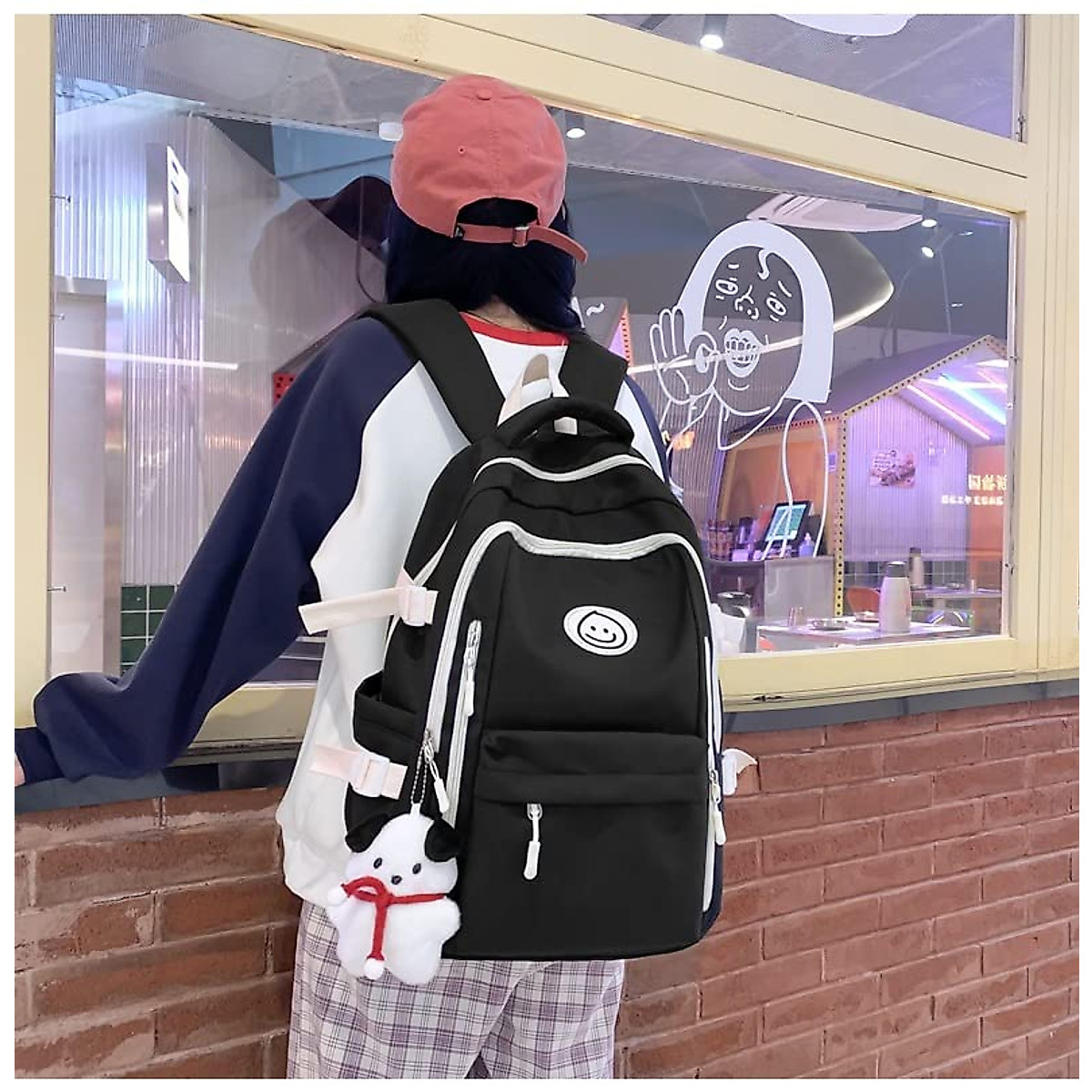 MININAI Preppy Backpack with Cute Pendant Women Smile Face Laptop Backpack Kawaii Lightweight Aesthetic College Backpack (Black,One Size)