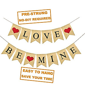FAKTEEN Love and Be Mine Burlap Banner Garland with Hearts for Happy Valentine's Day Decorations, Rustic Wedding Anniversary Birthday Party Supplies