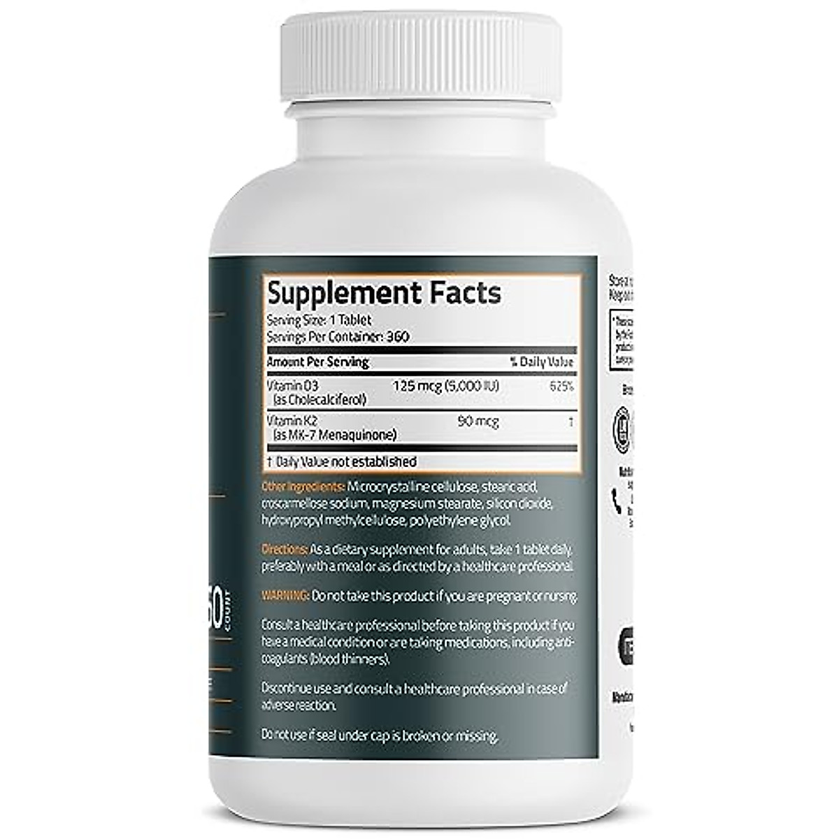 Bronson Basics Vitamin K2 D3 (MK7) Supplement Non-GMO Formula 5000IU (125 mcg) Vitamin D3 & 90 mcg Vitamin K2 MK-7 Easy to Swallow Vitamin D & K Complex, 360 Tablets