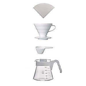 "Simply Hario" Ceramic V60 Dripper Pour Over Set with Glass Server, Scoop and Filters, Size 02, White