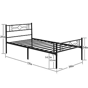 VECELO 14"Metal Platform Bed Frame with Headboard,Premium Steel Slat Support No Box Spring Needed,Noise-Free Anti-Slip,Easy Assembly(Twin size)