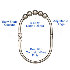 2LB Depot Wide Shower Curtain Rings/Hooks Set, Decorative Brushed Satin Nickel Finish, Easy Glide Rollers,100% Rustproof Stainless Steel, Set of 12 Rings for Shower Rods. Rust Proof Shower Hooks Rings