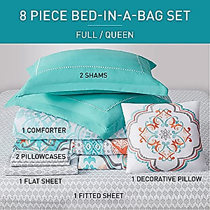 Degrees of Comfort Full Size Bed in A Bag,Aqua Boho Complete Comforter Set, Microfiber Bedding Sets with Side Pockets,Matching Decorative Pillow, 8 Piece
