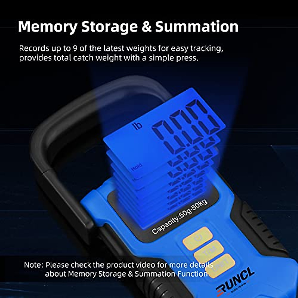 RUNCL Waterproof Fishing Scale with Lip Gripper, Fluorescent Button Digital Fish Scale 110lb/50kg - Backlit LCD Display, 40in Tape Measure - Hanging Scale for Home and Outdoor(Blue)