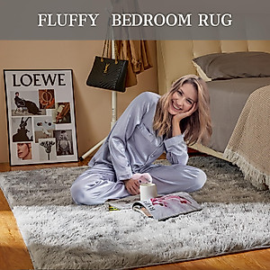 Luxury 8x10 Large Area Rugs for Living Room, Super Soft Fluffy Modern Bedroom Rug, Big Indoor Thick Soft Nursery Rug, Non-Skid Nursery Faux Fur Carpet for Kids Room Home Décor，Tie-Dyed Light Grey