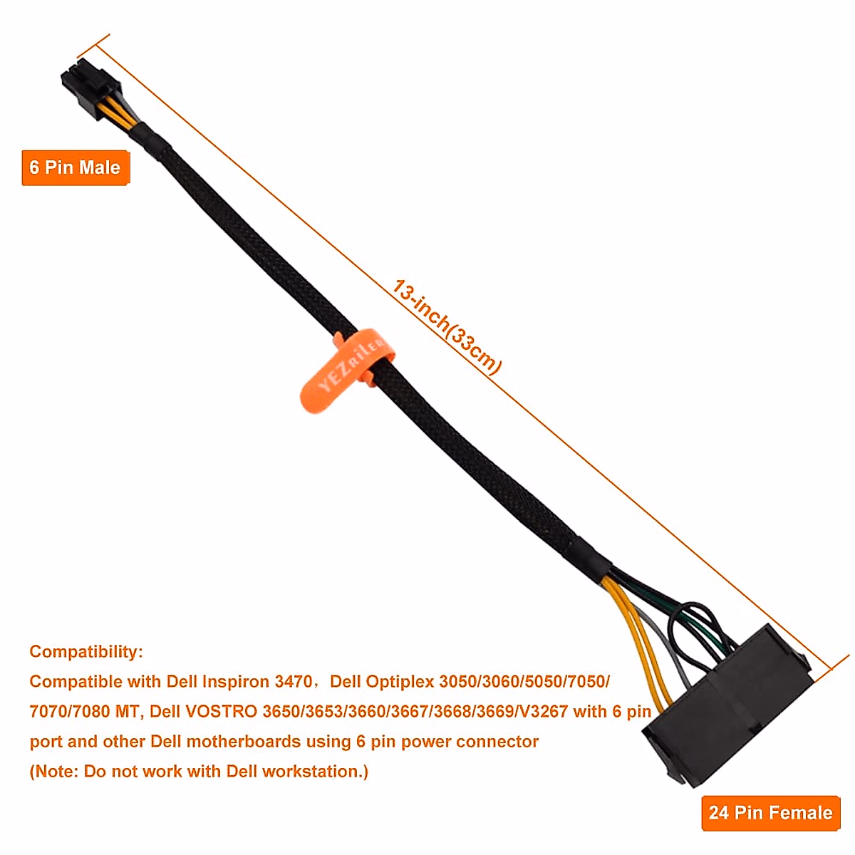 YEZriler 24 Pin to 6 Pin ATX PSU Power Adapter Sleeved Cable for Dell Motherboard with 6 Pin Port 13-inch(33cm)