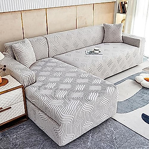 GUYIRT Jacquard Pattern Sectional Couch Cover, Solid Color Washable L Shape Sofa Covers, 2 Pieces Couch Slip Cover for Kids Pet Cat-Blue-2 Seater+4 Seater