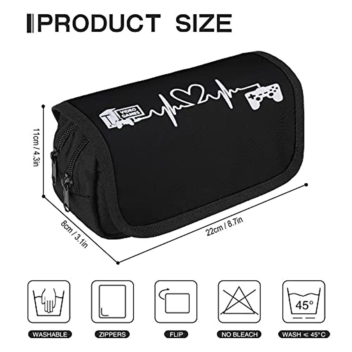 Gamer Heartbeat Funny Video Games Large Capacity Pencil Case Multi-Slot Pencil Bag Portable Pen Storage Pouch with Zipper