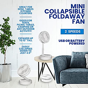 My Foldaway Fan Mini Desktop Fan | Ultra-Portable Lightweight Compact Tabletop Fan | Extends up to 12” | 2 Speed Modes | Uses AA Batteries or USB Power Wire | Desk Fan, Nightstand Use | Whisper Quiet