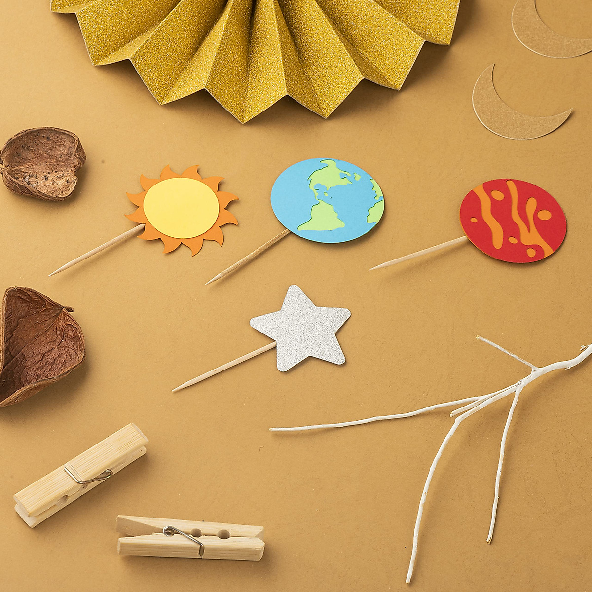 Confetti! 14 Pack Space Astronaut Cupcake Toppers Planet Rocket Spaceship Trip to the Moon Star Cupcake Food Picks Universe Outer Space Theme Baby Shower Kids Birthday Party Cake Decorations