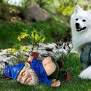 MINICAR Large 9.5'' Tall Funny Drunk Garden Gnome Outdoor Statue, Naughty Knome Figurine Lawn Ornament Dwarf Sculpture Yard Decor Landscape Porch Decoration Outside Novelty Gift(Blue)