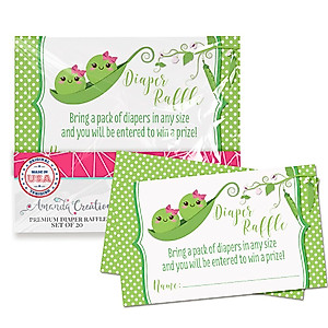 Two Peas In A Pod Twin Girls Diaper Raffle Tickets for Baby Showers, 20 2" X 3” Double Sided Insert Cards for Games by AmandaCreation, Bring a Pack of Diapers to Win Favors & Prizes!