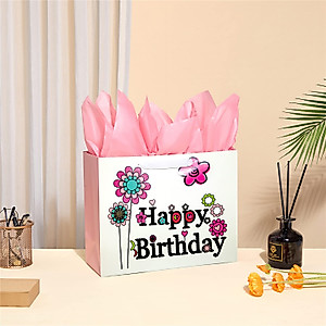 SUNCOLOR 13" Large Gift Bags for Birthday Party with Tissue Paper(2 Pack, Flower with Happy Birthday)