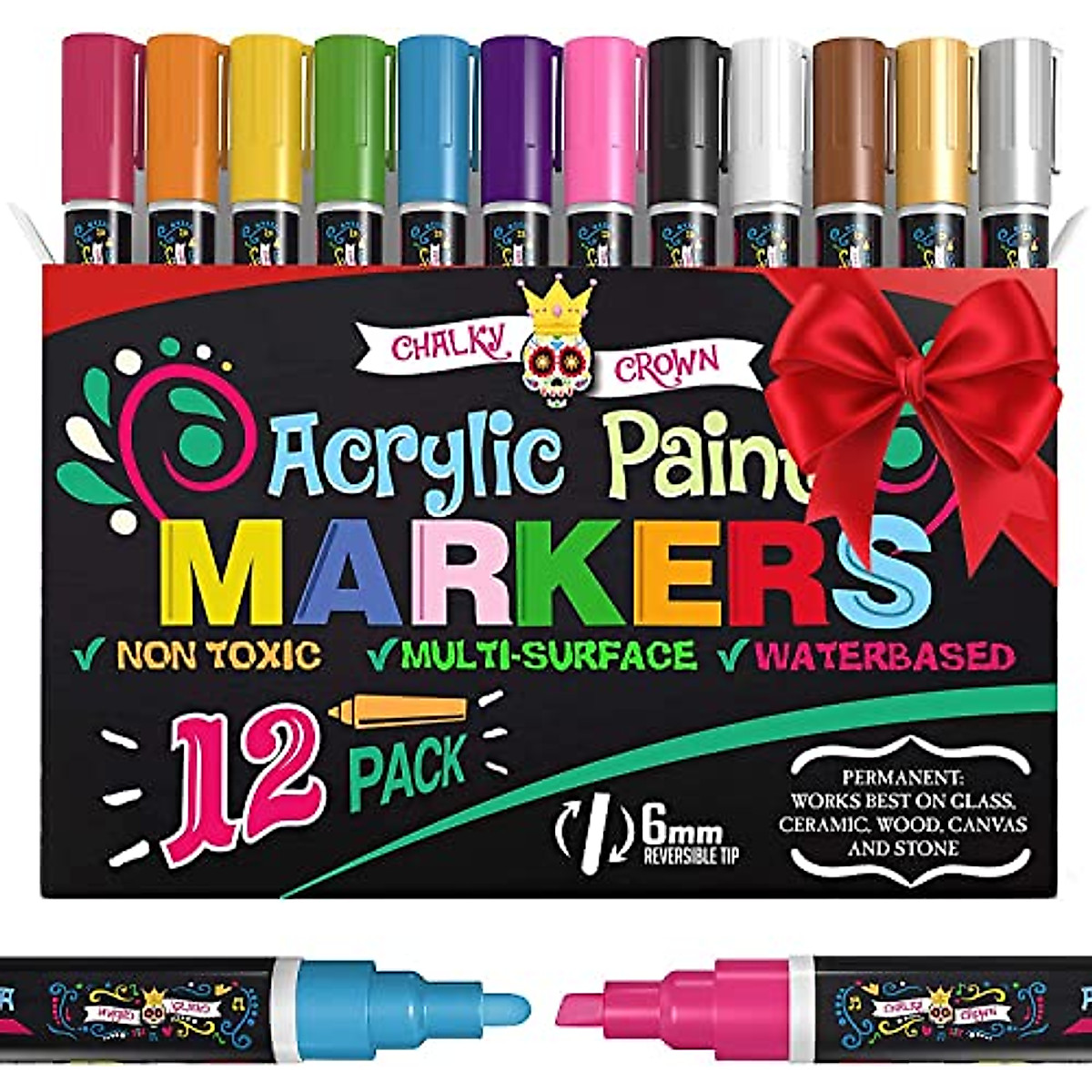 CHALKY CROWN Acrylic Paint Markers - Acrylic Paint Pens for Rock Painting, Stone, Ceramic, Glass, Wood, Canvas - Reversible Tip Paint Pens- 6mm (12 Pack)
