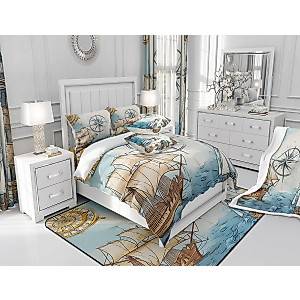 Nautical Sailboat Duvet Cover King Size,Compass Rudder Bedding Set,Kids Boys Girls Teens Adults,Sea Adventure Ocean Map Comforter Cover Sketch Navy Blue Beige Quilt Cover,1 Pillowcase(Not Comforter)