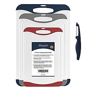 Cutting Boards for Kitchen, Plastic Chopping Board Set of 4 with Non-Slip Feet and Deep Drip Juice Groove, Easy Grip Handle, BPA Free, Non-porous, Dishwasher Safe - blue gray red