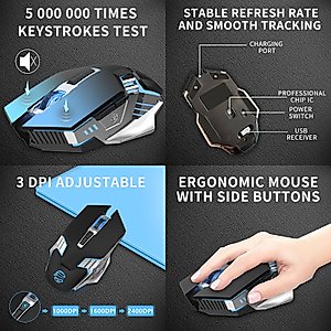 Bluetooth Mouse Rechargeable, Wireless Gaming Mouse Multi Device(BT5.0/3.0+2.4G) with Side Buttons, USB Receiver, RGB Backlit, Cordless Computer Mice for Laptop, Windows PC Mac Tablet(Black-Mute)