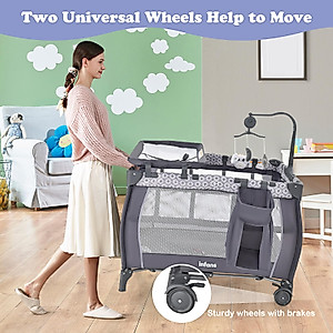 INFANS 3 in 1 Pack and Play, Portable Travel Baby Crib Bassinet with Detachable Mattress, Newborn Changing Table, Foldable Playpen with Carry Bag and 2 Wheels (Classic)