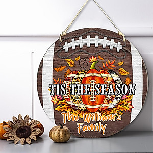 Personalized Football Door Hanger Fall Sign Custom Text Wooden Tis the season Front Door Sign Front Porch Decor Fall Welcome Sign Football Fall Hanging Decorations Autumn Thanksgiving Christmas Seasonal Decor