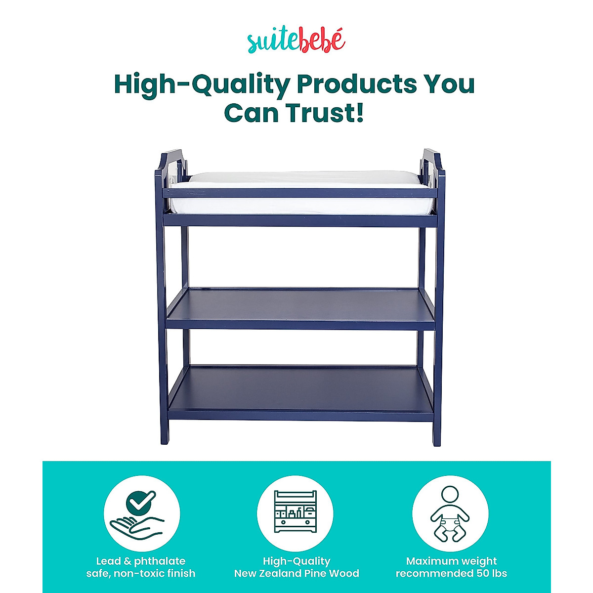 Suite Bebe Celeste Changing Table Safety Rail Included, Navy Blue