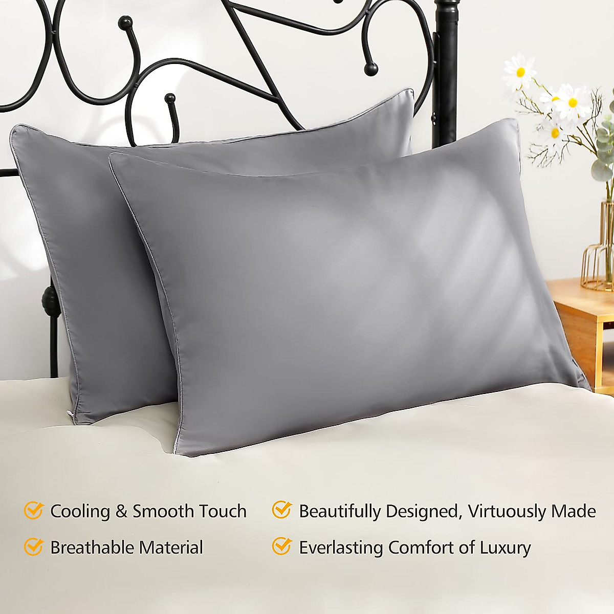 Bedemu King Size Pillow Cases Set of 2-Grey Cotton Zipper Pillow Cases with Zippered Hidden, Ultra Soft Pillow Covers with Piping for Easy Care, 600 Thread Count & Breathable Pillow Case, 20”x36”, 2P