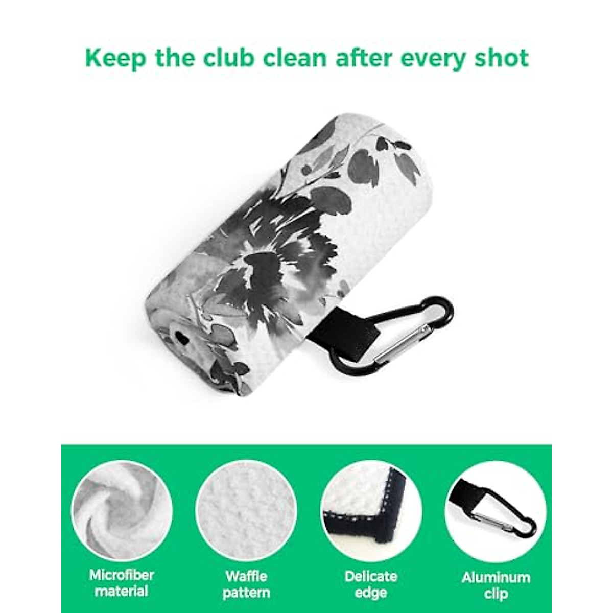 Golf Towel Black Grey Gradient Watercolor Floral White,Waffle Pattern Microfiber Club Cleaner Golf Towels with Carabiner Clip for Women Men Dad,Flower Ink and Wash Golf Towel for Golf Bags,24x16in