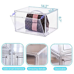 ZLLZUU Purse and Handbag Storage Organizer for Closet, Clear Acrylic Display Case for Collectibles, 3 Pack Plastic Storage Boxes with Magnetic Door for Wallet, Cosmetic, Toys (Large Door)