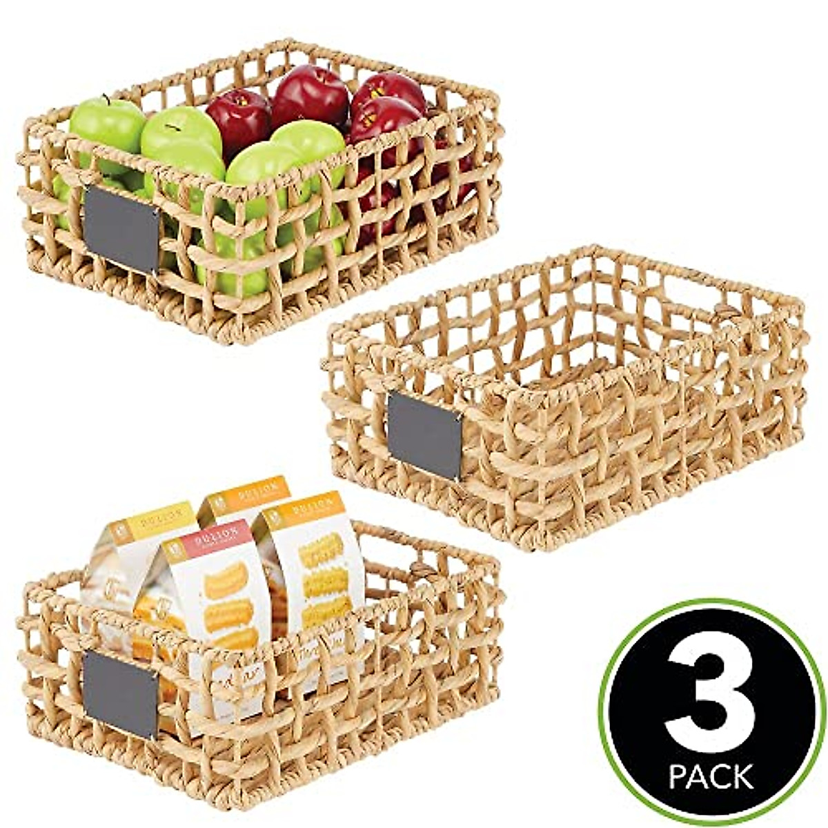 mDesign Water Hyacinth Open Weave Household Basket with Built-in Chalkboard Label for Storage in Bedroom, Bathroom, Office - Hold Clothes, Blankets, Linens, Accessories, 3 Pack - Natural/Tan