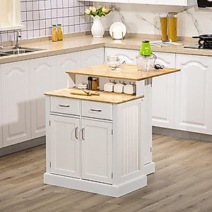 HOMCOM Kitchen Island with Storage Cabinet and 2-Level Rubber Wood Tabletop, Island Table with Adjustable Shelves and Drawers, White