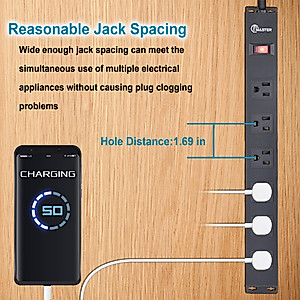 Aluminum Alloy Metal Shell Power Strip, Overload Protection, 6FT 14AWG Extension Cord, 6 Outlets with Large spacing Jacks, Suitable for Factory, Black, Specification: 15A/125VAC/1875W/60Hz