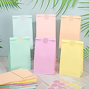 60 Pack Pastel Paper Gift Bags with 60 Dot Labels 5.1 x 3.2 x 9.5 Inch Party Favor Bags Assorted Pastel Stickers Pastel Goodie Bags Paper Treat Bags for Birthday Baby Shower Wedding Anniversary Supply