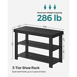 SONGMICS Shoe Rack Bench, 3-Tier Bamboo Shoe Storage Organizer, Entryway Bench, Holds Up to 286 lb, for Entryway Bathroom Bedroom, Black ULBS04H