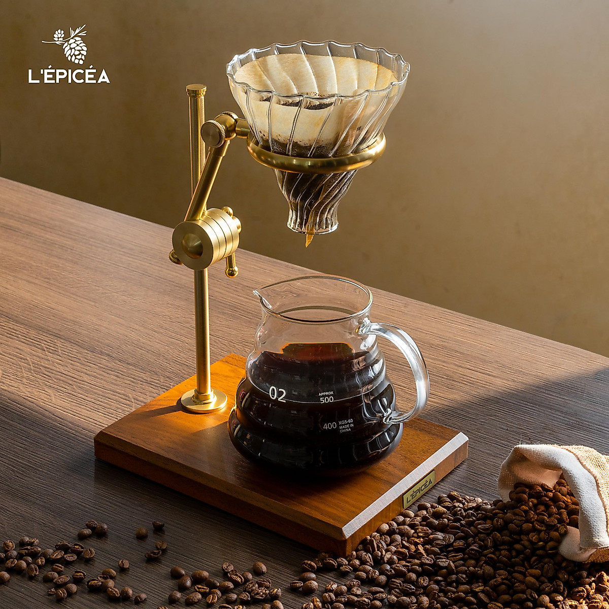 L'ÉPICÉA Pour Over Coffee Maker Set, Pour Over Coffee Maker with Stand, Adjustable Stainless Steel Stand, Wooden Base, Paper Filters, Cone Glass Coffee Carafe, Pour Over Coffee Dripper