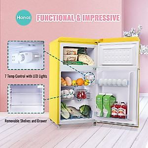 WANAI 3.5 Cu.ft Compact Refrigerators Mini Fridge with Freezer Yellow Small Fridge Dual Door Classic Retro Refrigerator Removable Glass Shelves Adjustable Thermostat for Home Office Dorm RV