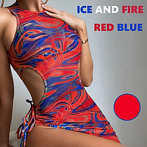 3 Piece Swimsuits for Women Padded Floral Print String Bikini Sets Bathing Suit Set Sexy Cutout High Neck Mesh Beach Cover Up Red