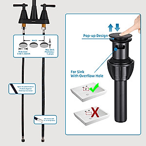 Matte Black Bathroom Sink Faucet, SBOSBO 4 Inch Bathroom Faucet for Sink 3 Hole, 2 Handle Sink Faucet with Pop Up Drain Assembly and 2 Water Supply Hoses for RV Bathroom Vanity