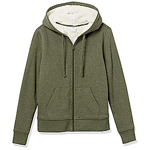 Amazon Essentials Women's Sherpa-Lined Fleece Full-Zip Hooded Jacket (Available in Plus Size), Olive Heather, Large