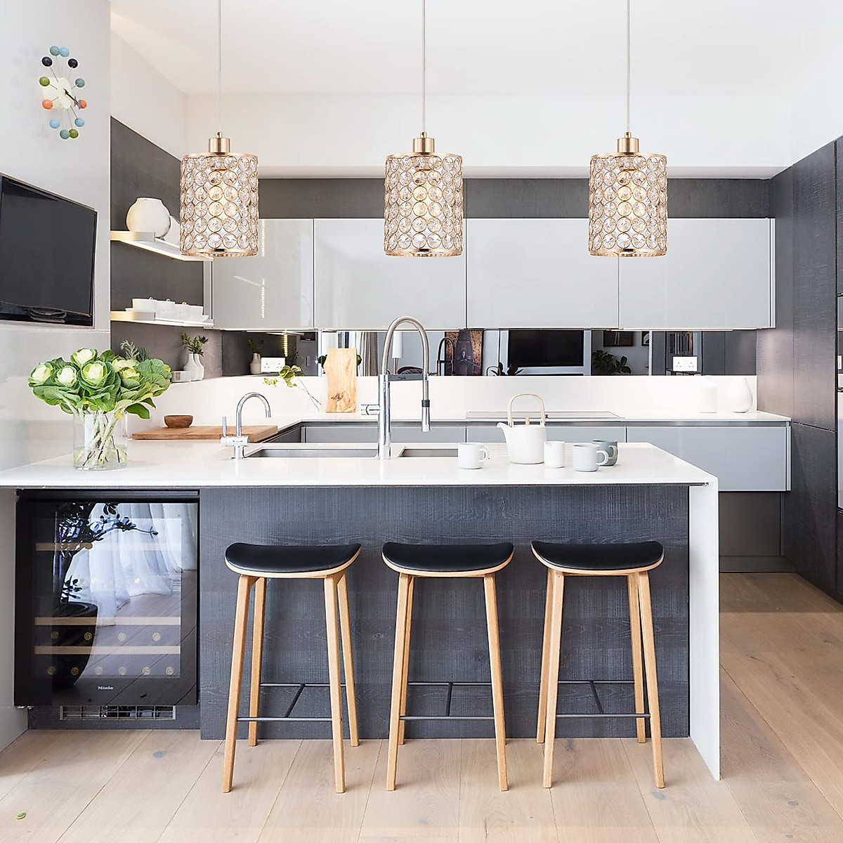 Cuaulans Gold Crystal Pendant Light, 3 Pack Kitchen Island Lighting, Modern Adjustable Bar Lights Hanging Fixture for Kitchen Dining Room Bedroom Bar