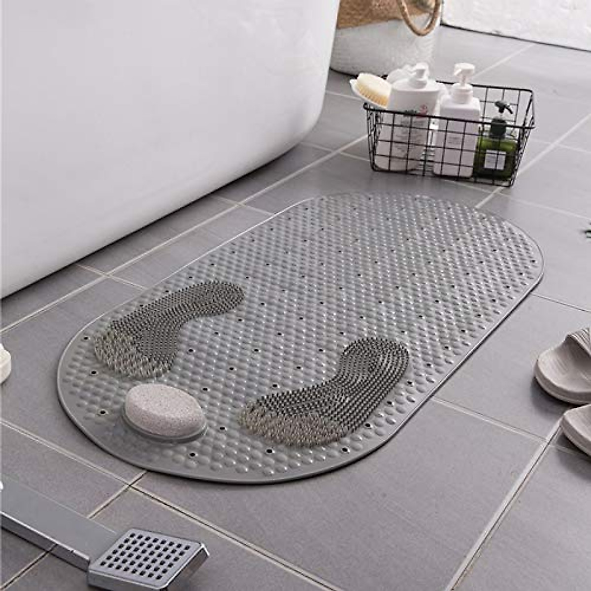 MOLFUJ 32"X16" Foot Scrubber Shower Mat with Feet Scrub Stone, Oval Bathtub Mat with Antislip Suction Cups and Drain Holes, Non Slip with A Pumice Stone for Feet Massage - Grey