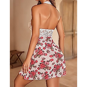 Avidlove Babydoll for Women Halter Lace Teddy Mesh Sexy Lingerie Set Nightwear Pink Floral
