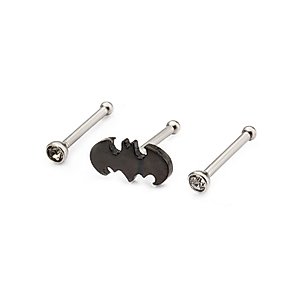DC Comics Officially Licensed Unisex Batman Logo and Cleaz CZ Nose Bone Body Piercing Jewelry-20 gauge (3 piece set), Silver/Black, One Size