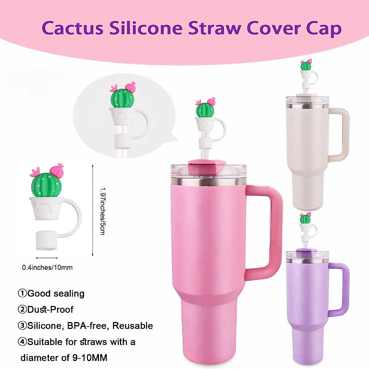 6-Pack Cactus Silicone Straw Cover Cap for Stanley Compatible with 30 & 40 Oz Tumblers with Handles Drinking Straw Toppers Reusable Straw Tips Lids Fits 0.4 In/10 Mm Straws Cups Accessories