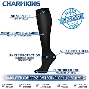 CHARMKING Compression Socks for Women & Men (8 Pairs) 15-20 mmHg Graduated Copper Support Socks are Best for Pregnant, Nurses - Boost Performance, Circulation, Knee High & Wide Calf (L/XL, Black)